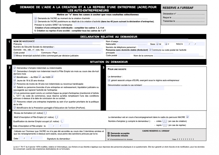 Formulaire demande ACRE : document CERFA