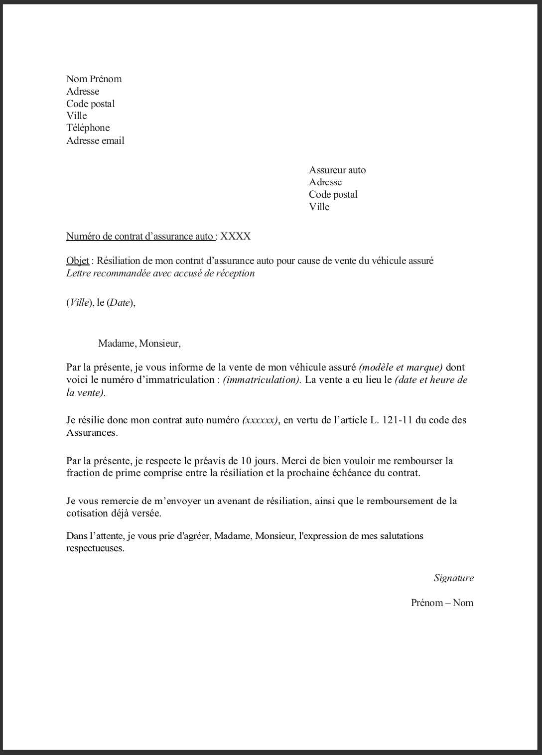 Lettre De R siliation D une Assurance Auto Notre Mod le Gratuit