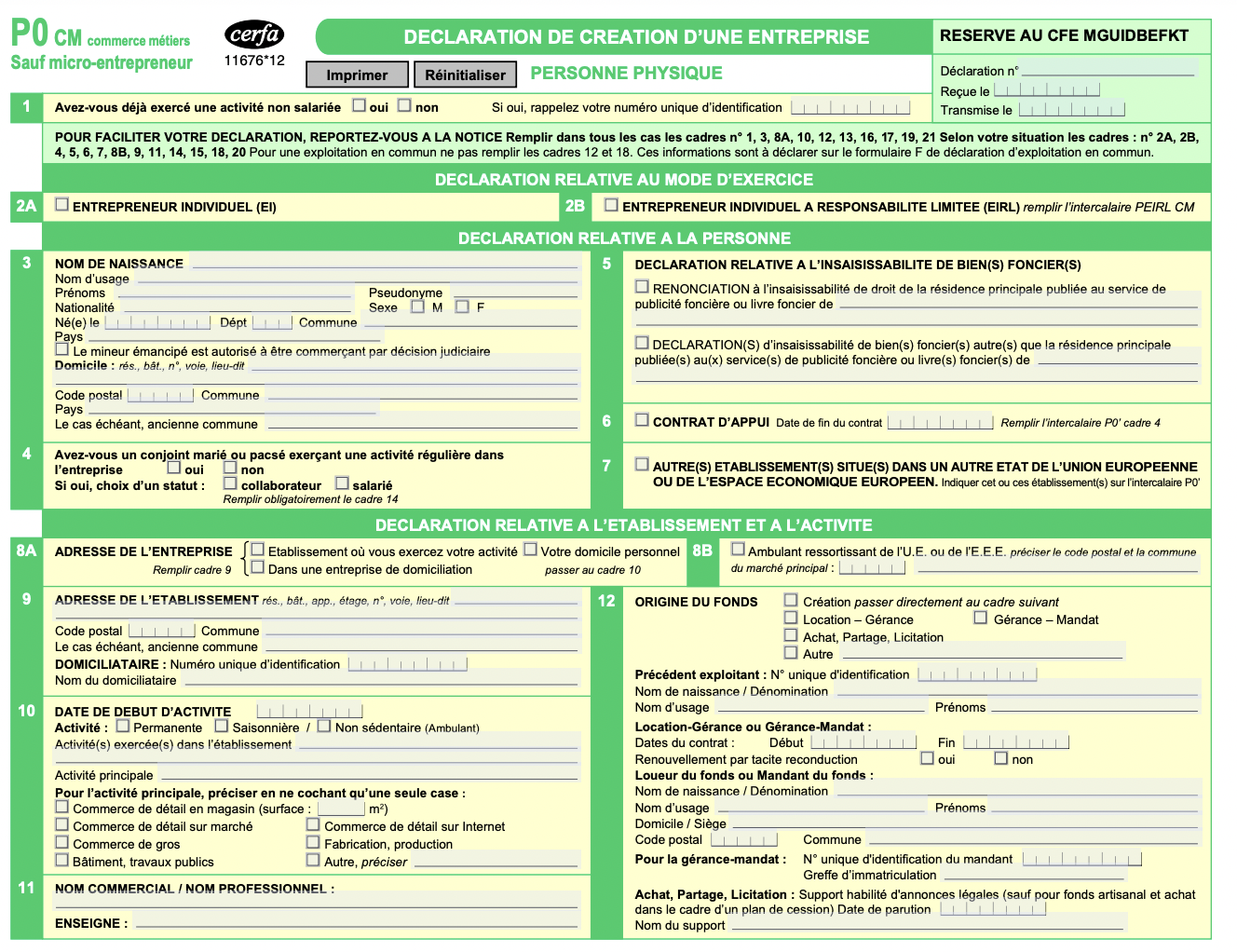 Formulaire P0 CMB : Entreprise individuelle (Mise à jour 2023)