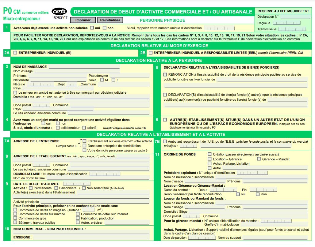Formulaire P0 CMB : micro-entreprise