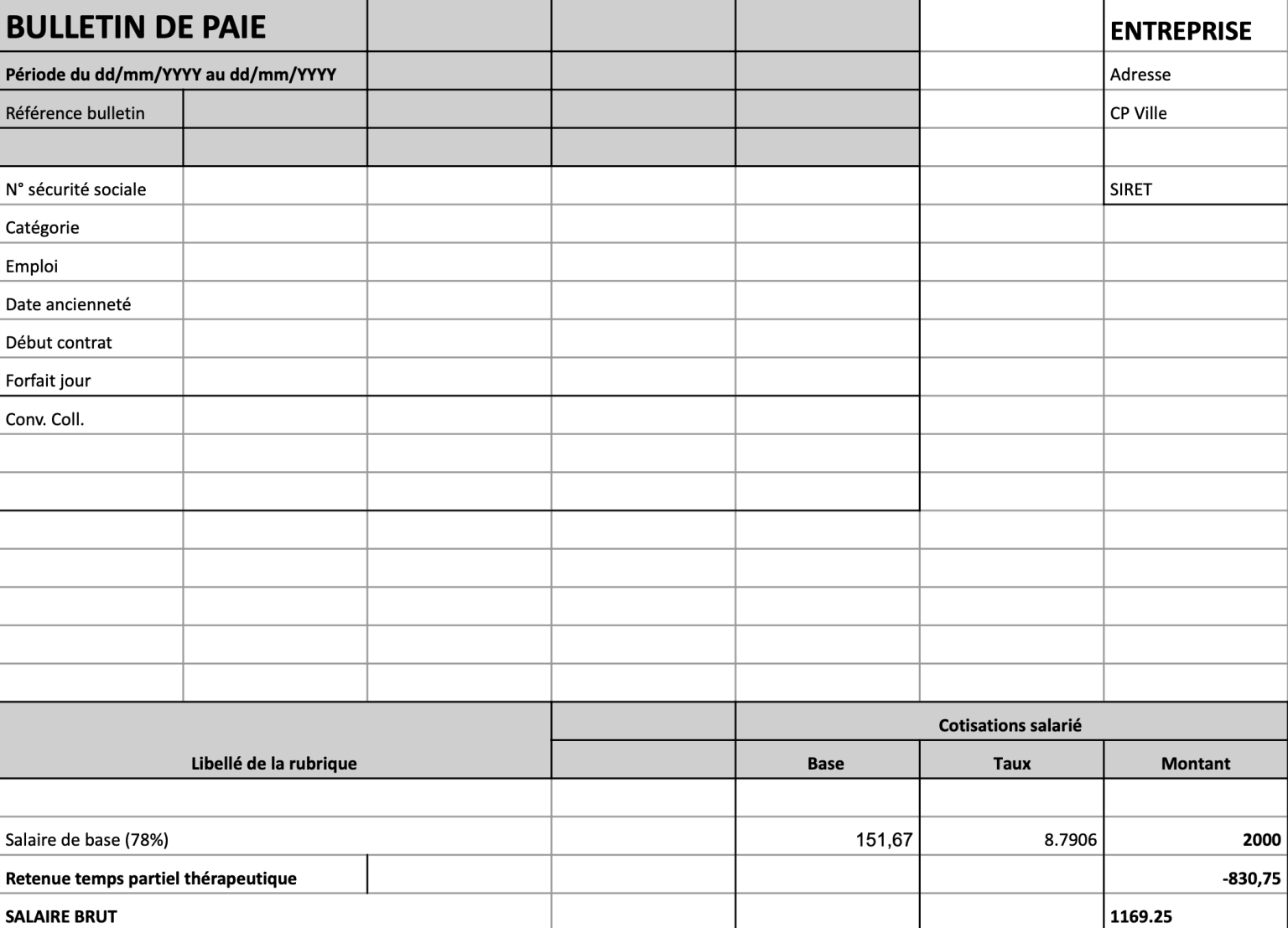 Modèle de fiche de paie d'un salarié en temps partiel